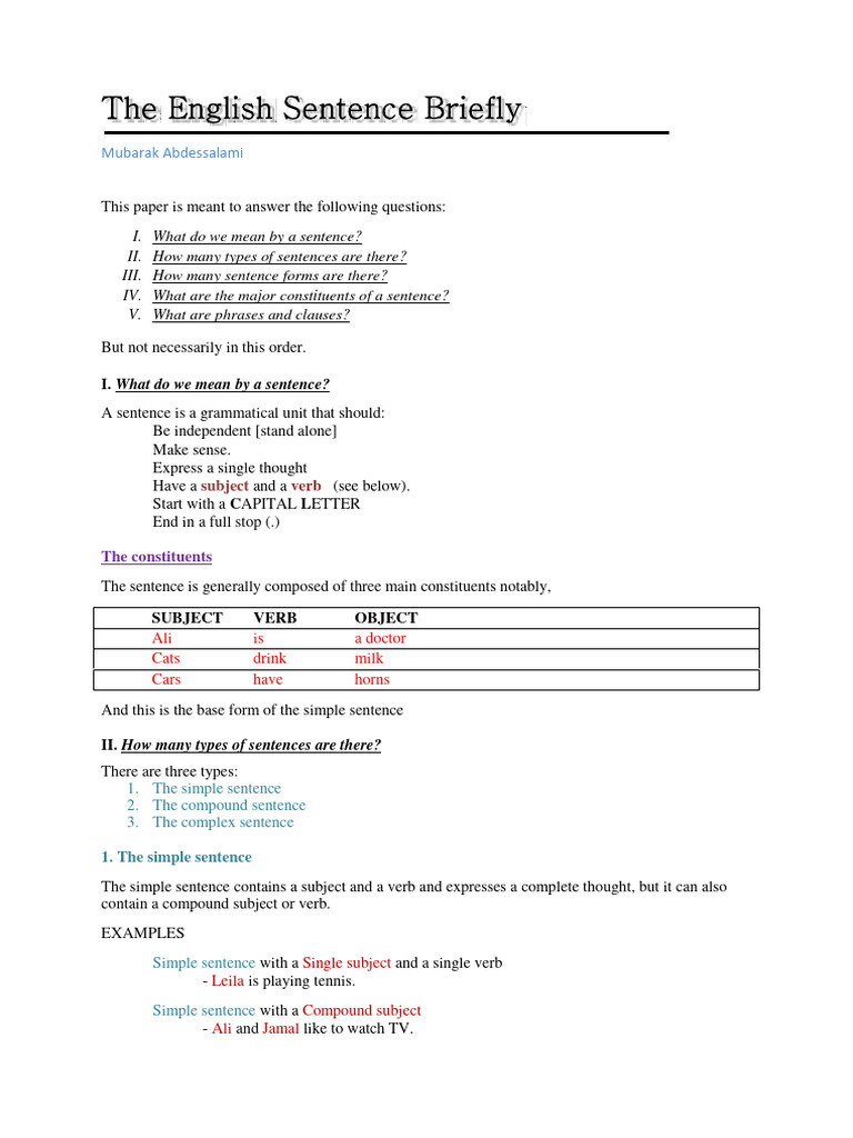 The English Sentence Briefly | PDF | Subject (Grammar) | Sentence ...