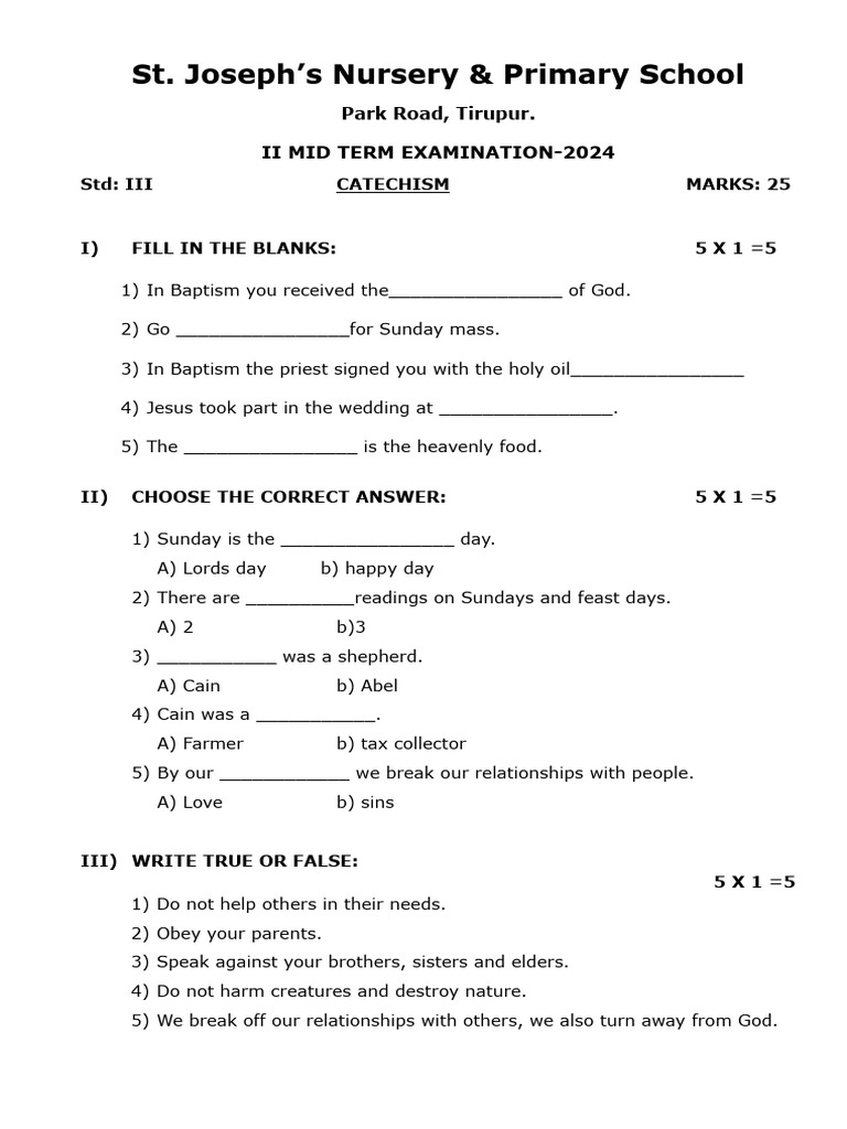 Std III Catechism Exam 2024 Guide | PDF