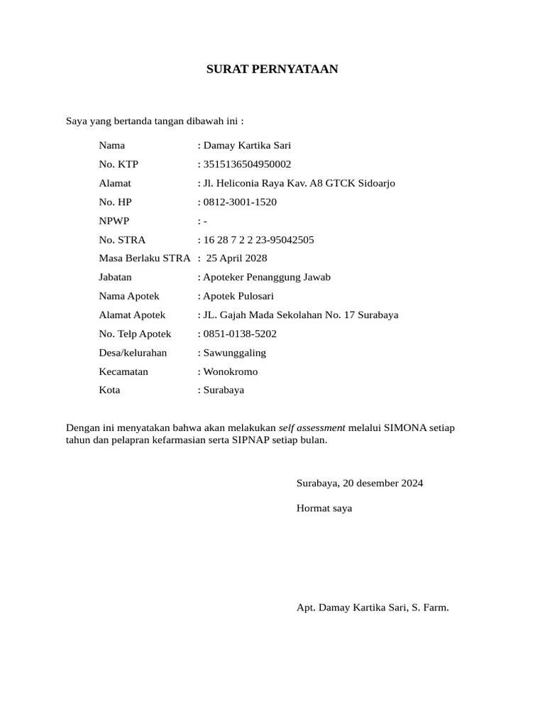 SURAT PERNYATAAN SIMONA Dan SIPNAP | PDF