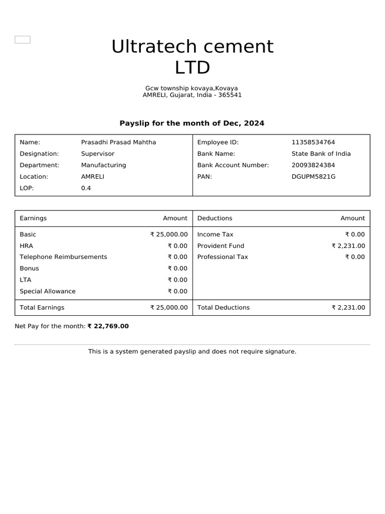Ultratech Cement December 2024 Payslip | PDF