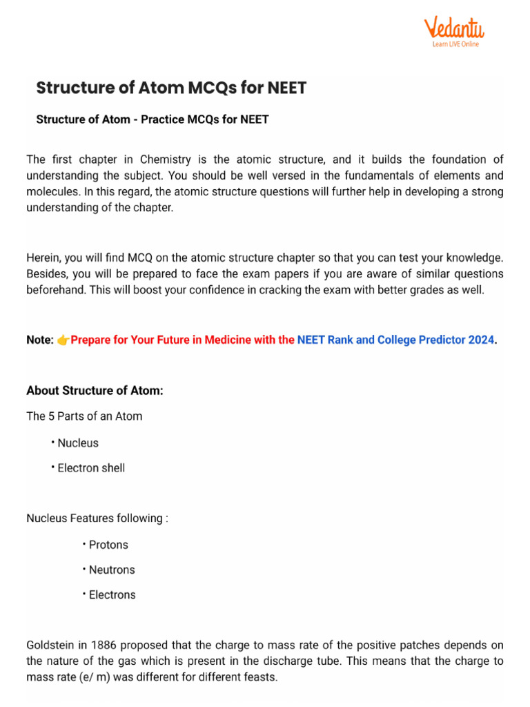 Structure of Atom MCQs For NEET | PDF