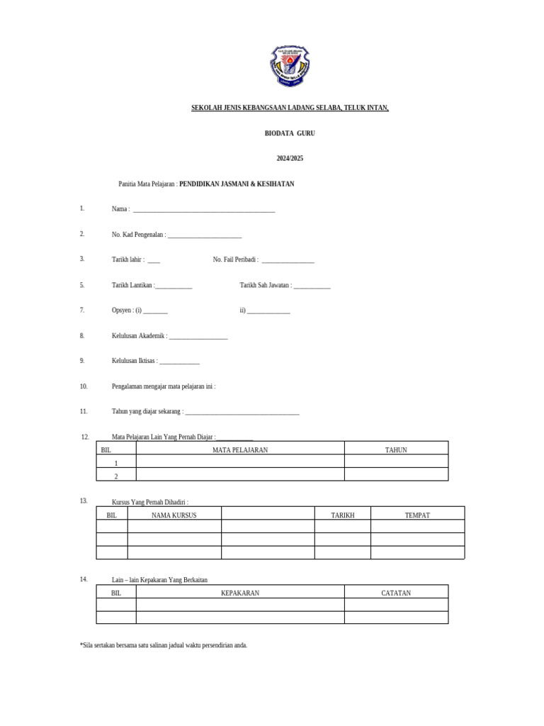 Biodata Guru Pendidikan Jasmani 2024 | PDF