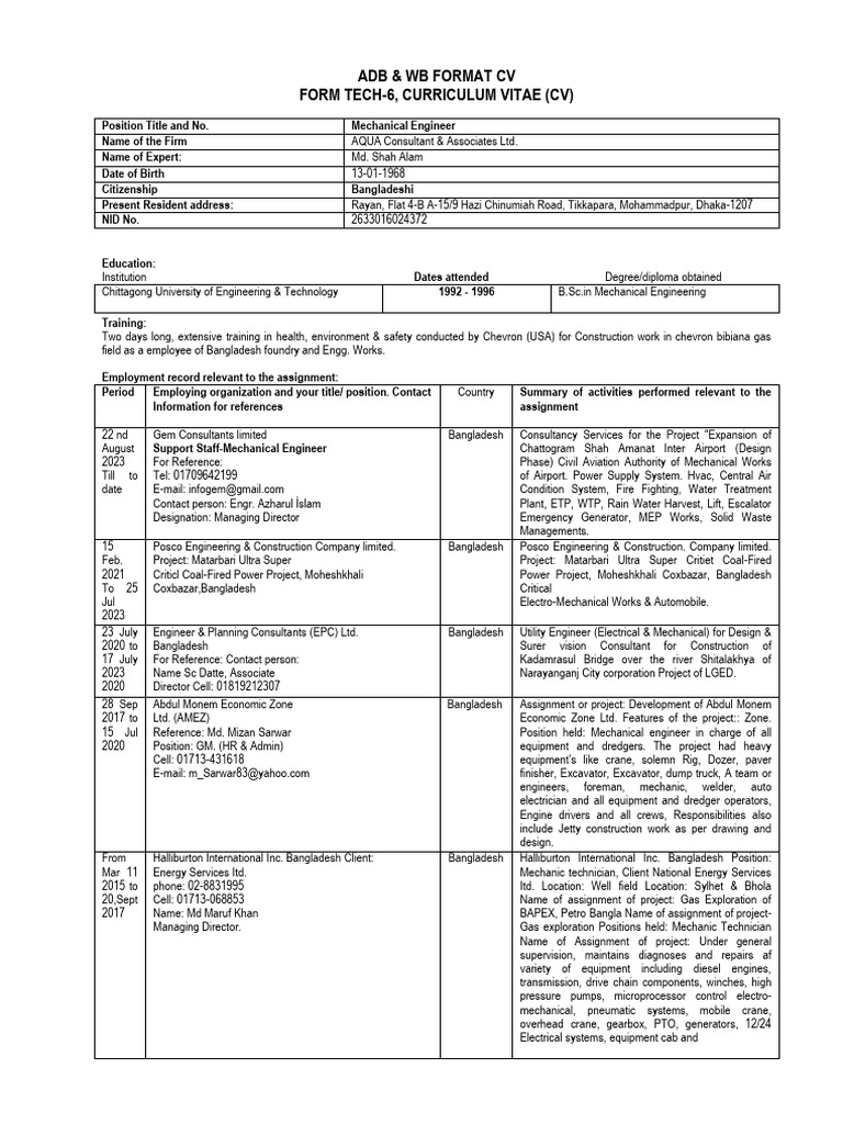 CV Format for ADB & WB (2) | PDF | Mechanical Engineering | Engineering