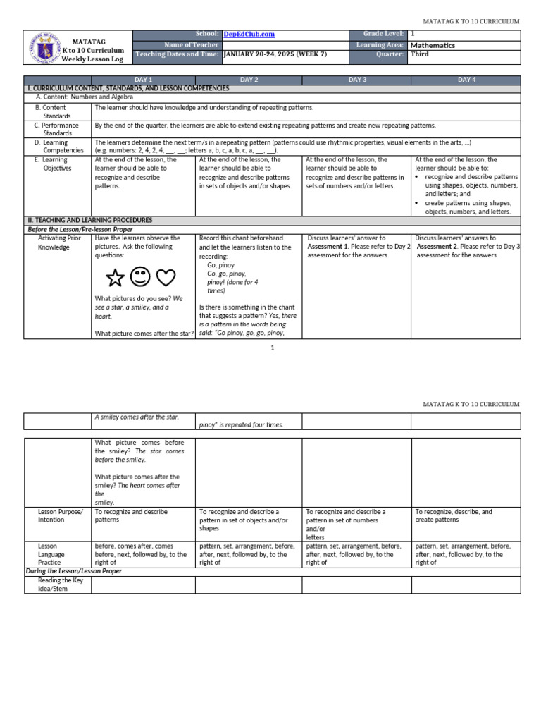 DLL Matatag - Mathematics 1 Q3 - W7 | PDF | Pattern | Learning