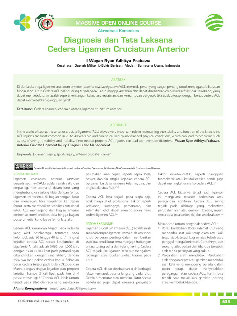 Diagnosis Dan Tata Laksana Cedera Ligamen Cruciatum Anterior | PDF