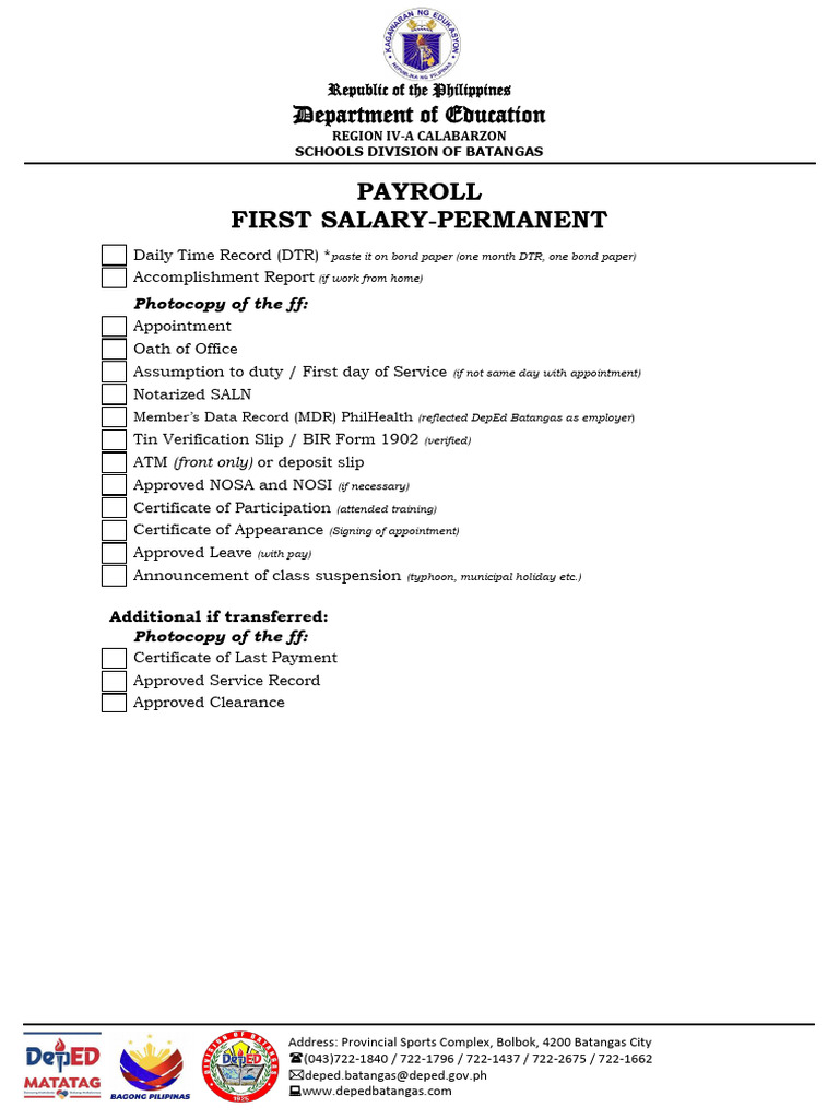 Checklist Payroll First Salary Permanent | PDF