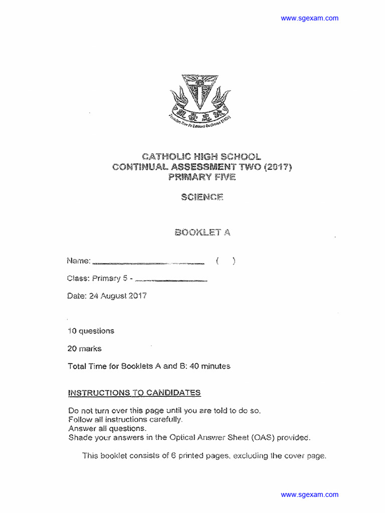 2017 P5 Science CA2 Catholic High | PDF | Gill | Respiration