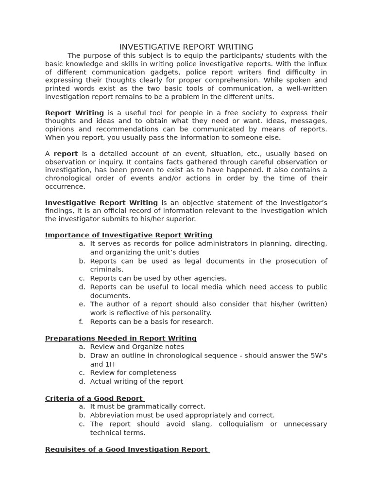 INVESTIGATIVE REPORT WRITING | PDF | Police | Prosecutor
