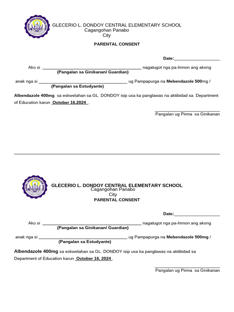 Deworming Consent Deworming | PDF
