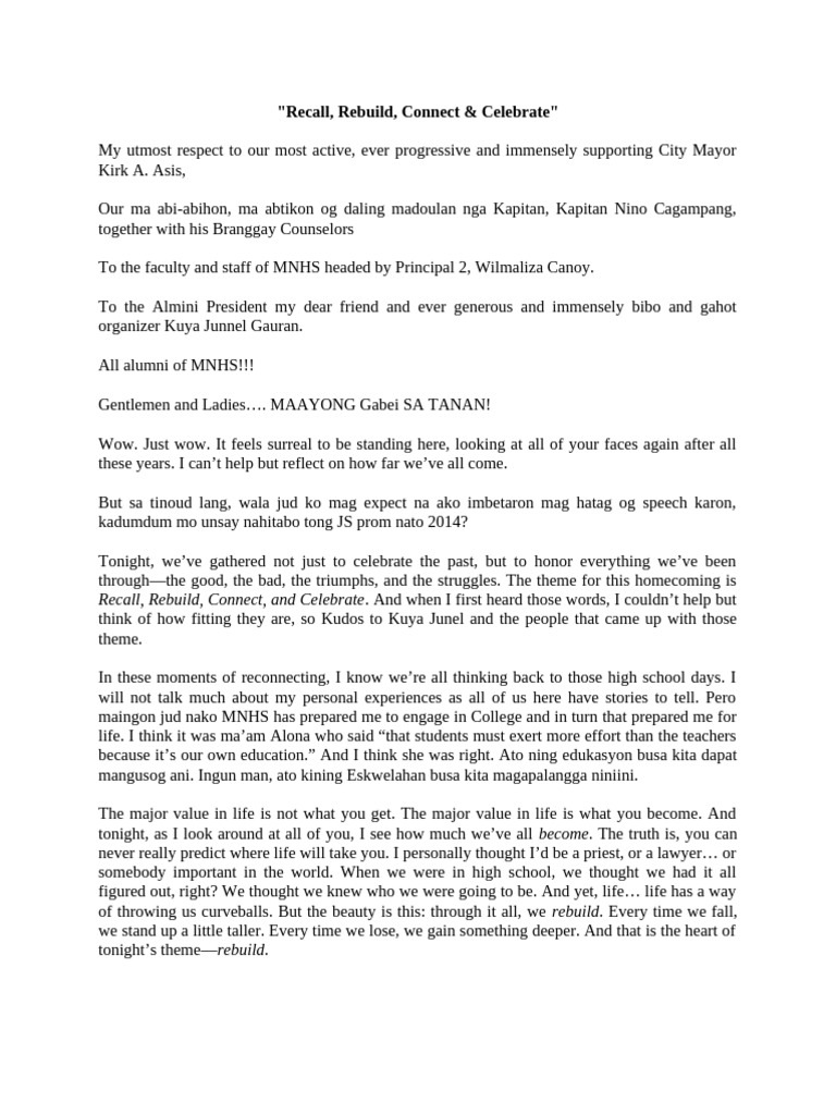 Alumni Homecoming Speech | PDF