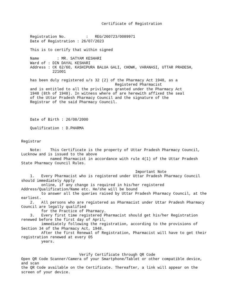 Pharmacist Registration Certificate | PDF
