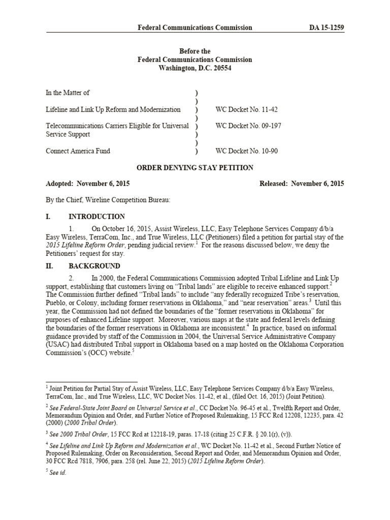 FCC Denies Lifeline Stay Petition | PDF | Administrative Procedure Act ...