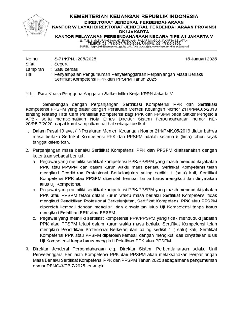S-71 Penyampaian Pengumuman Perpanjangan PPK Dan PPSPM Tahun 2025 | PDF