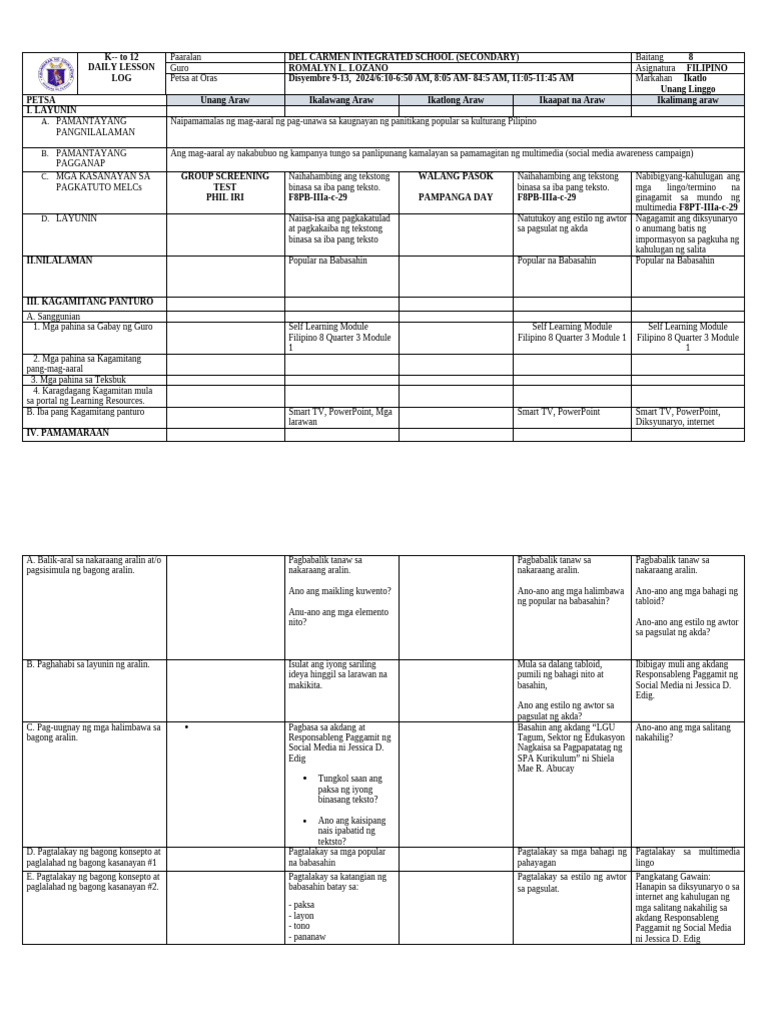 DLL Filipino 8 q2 Week 1 | PDF