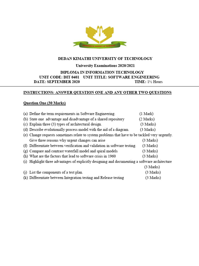 Dit 0401 Software Engineering Moderated Exam Pdf Software