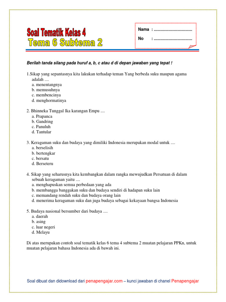 Soal Tema 6 Kelas 4 Subtema 2 Revisi 201 | PDF