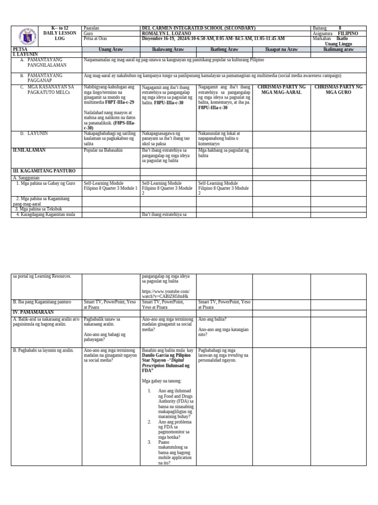 DLL-FILIPINO-8-Q2-Week 2 | PDF