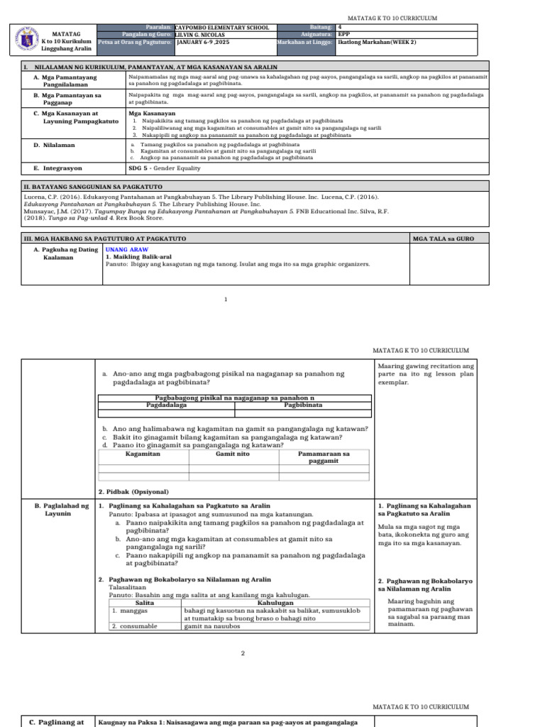 DLL Matatag - Epp 4 Q3 W2 | PDF