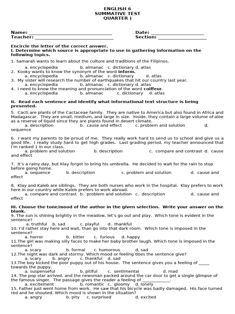 English 6 Summative Test Guide | PDF | Propaganda | Persuasion