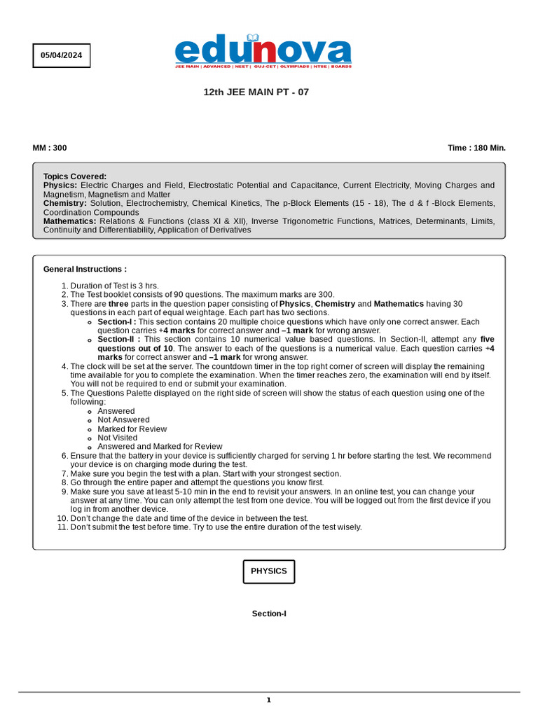 Jee Main PT-7 (05.04.2024) | PDF | Function (Mathematics) | Physical ...