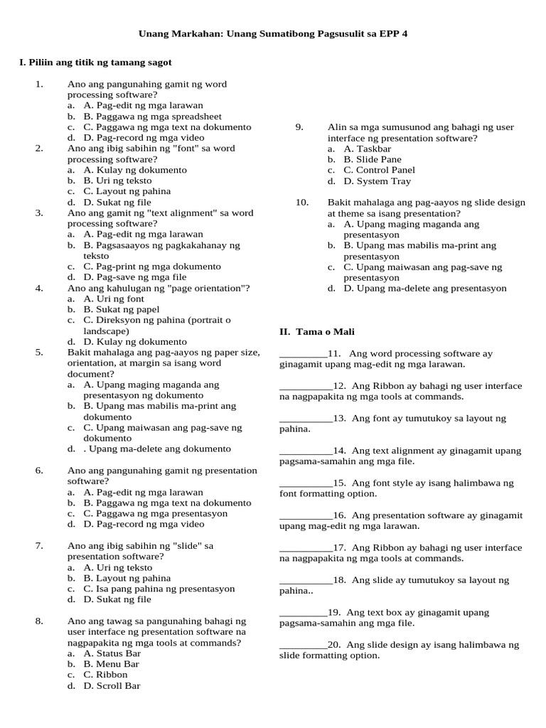 Q1 2nd Summative EPP 4 | PDF