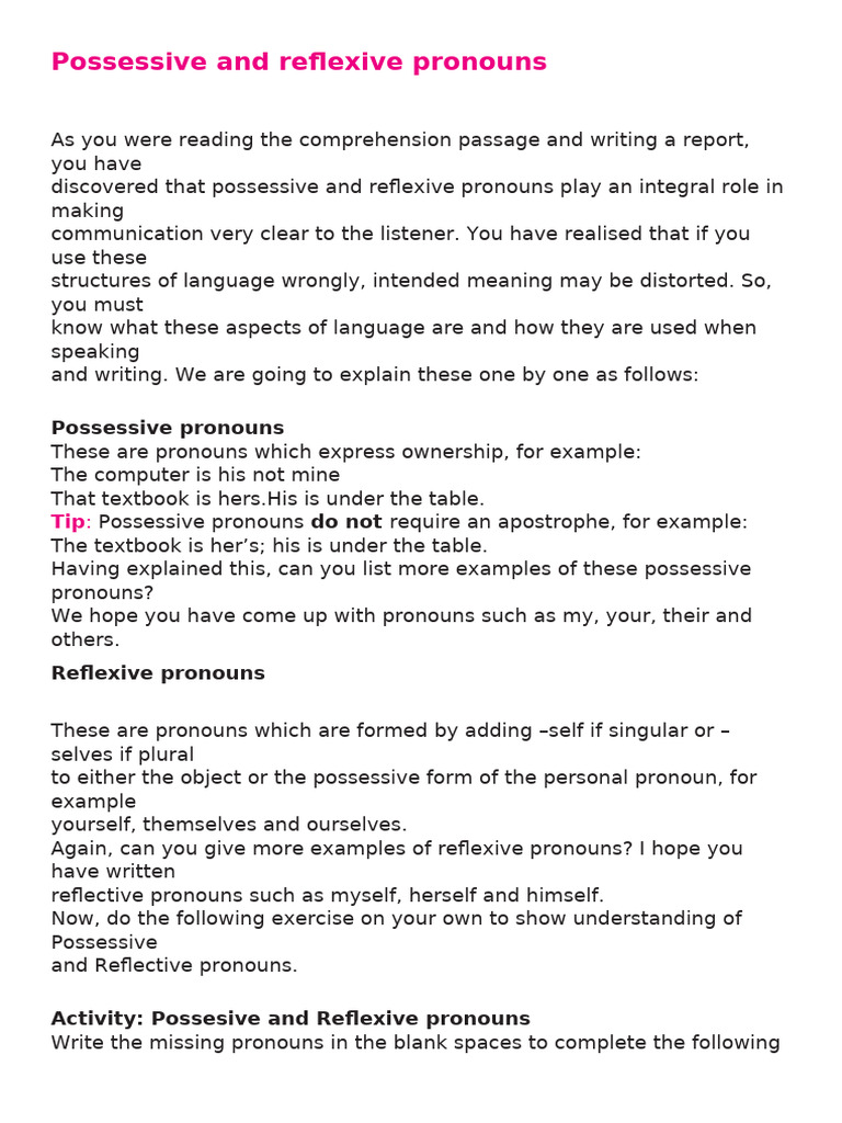 Possessive and Reflexive Pronouns | PDF