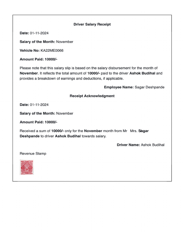 Driver Salary Slip-Nov 2024 | PDF