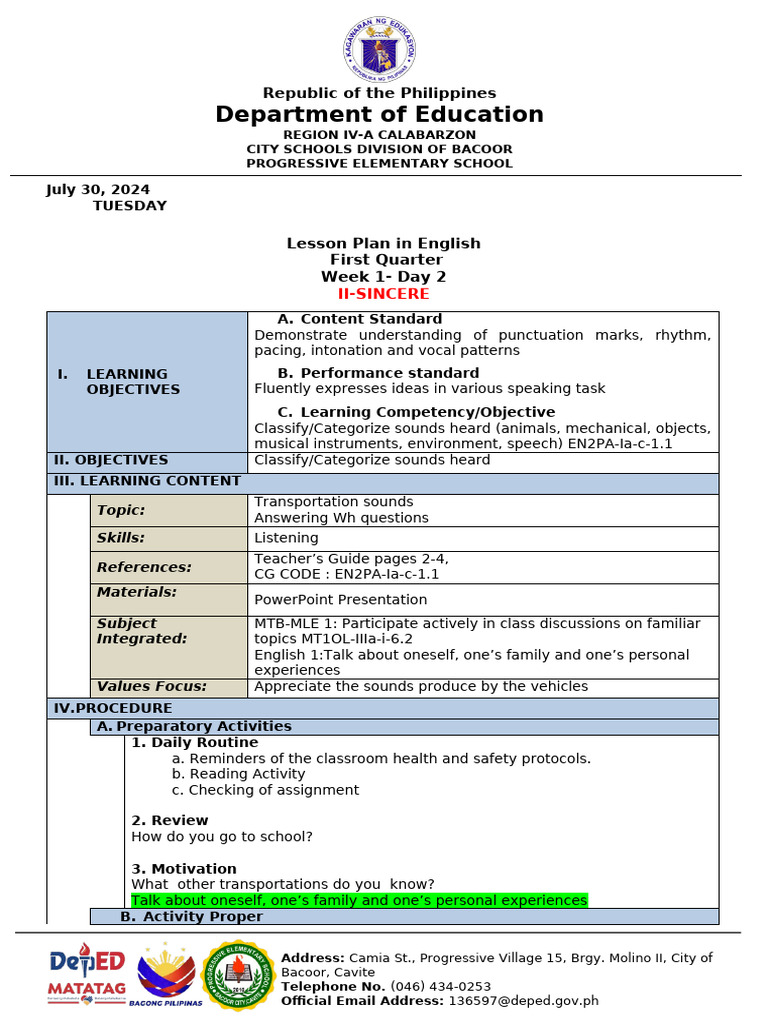 Transportation Sounds Lesson Plan | PDF | Learning | English Language