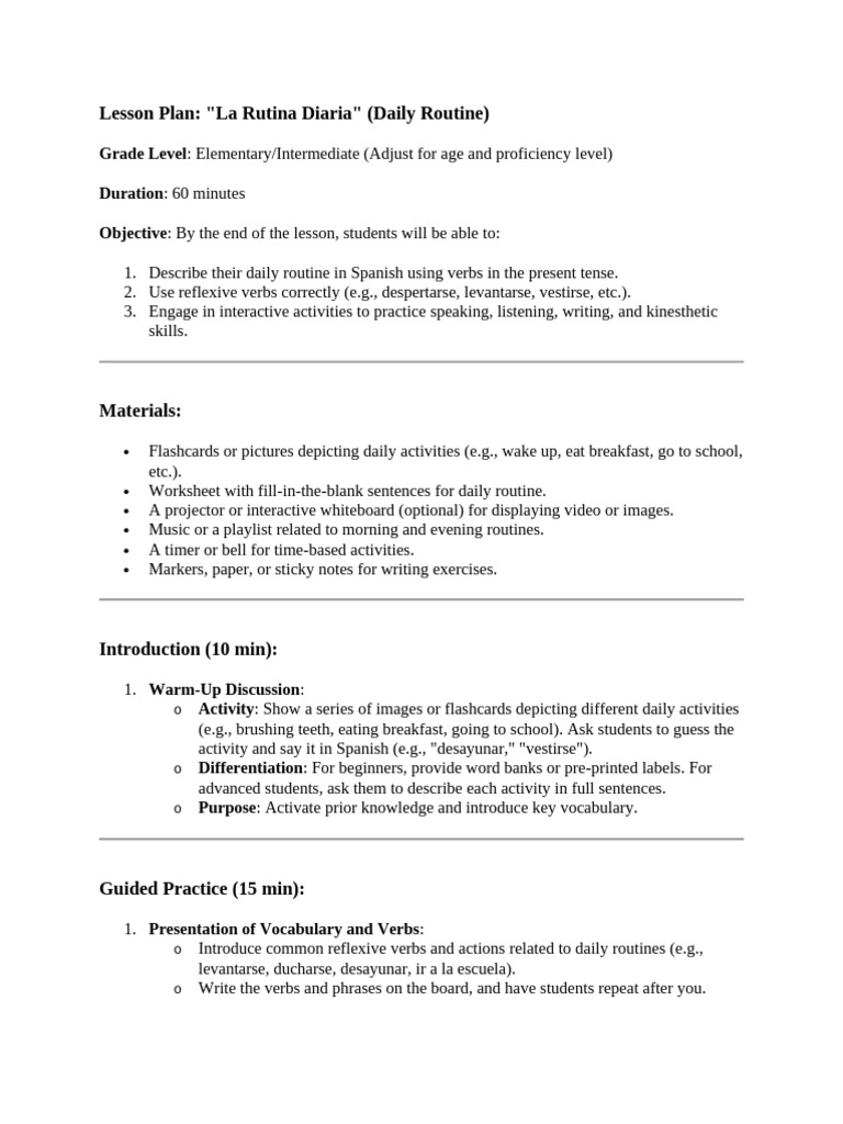 La Rutina Diaria Lesson Plan | PDF | Vocabulary | Lesson Plan