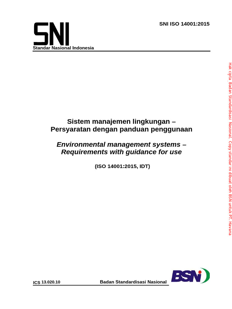 SNI ISO 14001 2015 Sistem Manajemen Lingkungan - Persyaratan Dengan Panduan Penggunaan | PDF