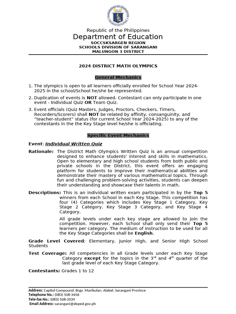DISTRICT MATH OLYMPICS 2024 Team and Individual Quiz Mechanics | PDF