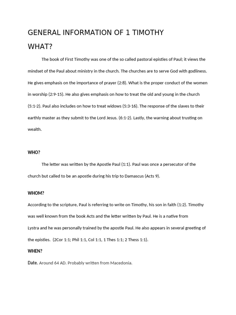 Background of 1 Timothy Explained | PDF | Saint Timothy | Paul The Apostle