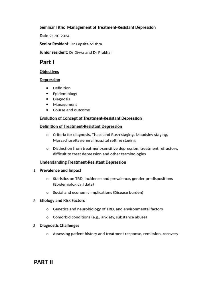 Seminar Outline For TRD | PDF | Major Depressive Disorder | Antidepressant