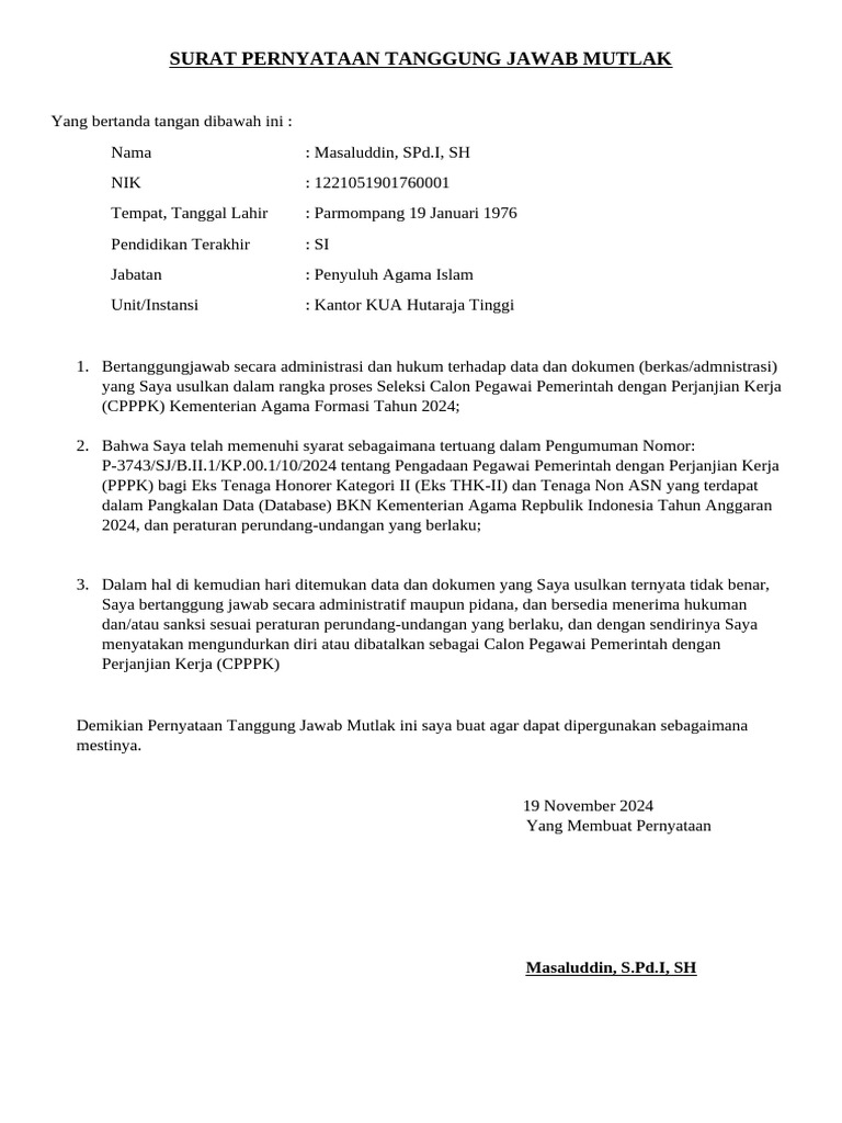 Surat Tanggung Jawab CPPPK 2024 | PDF