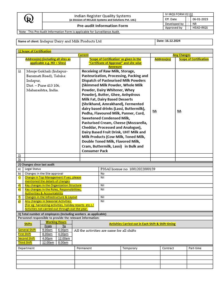 002-Pre-Audit Information Form-REV02 | PDF | Milk | Dairy