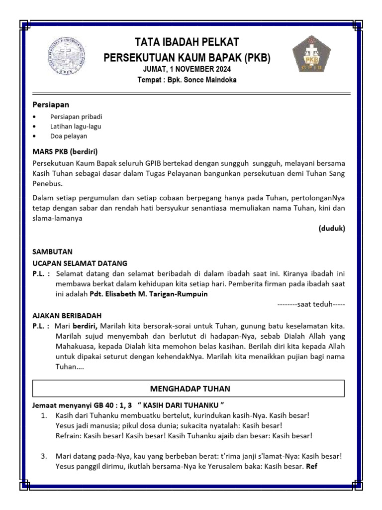 Tata Ibadah Pelkat PKB 1 11 24 | PDF