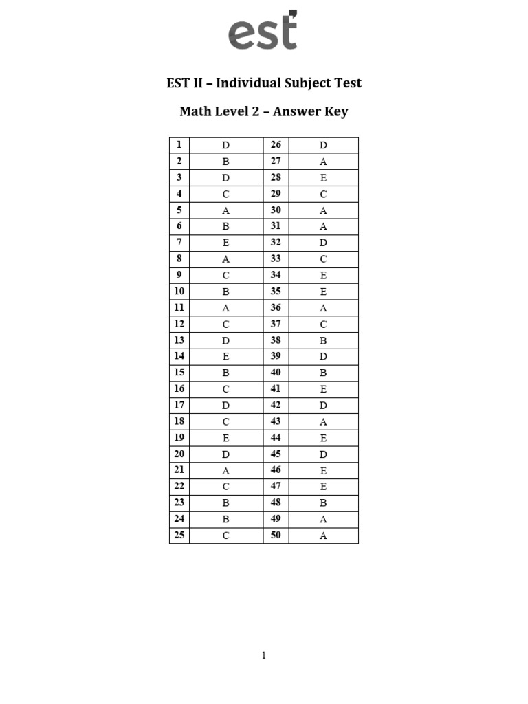 EST 2 Math Level 2 Answer Key - Test Sample | PDF