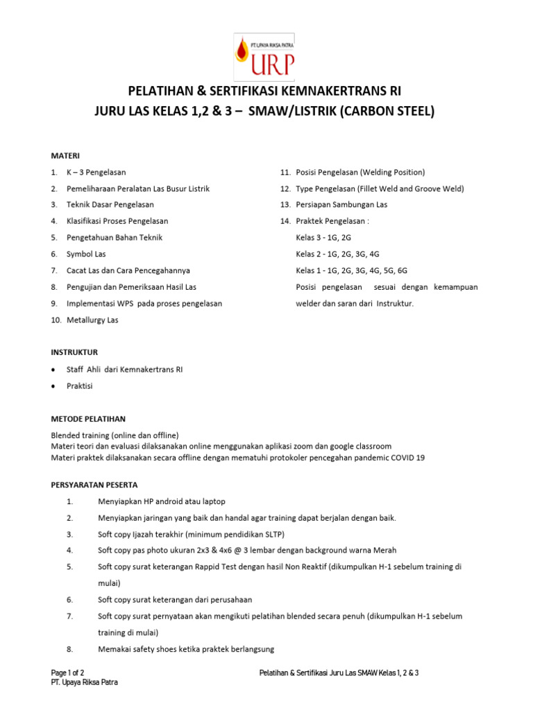 SYLABUS TRAINING WELDING SMAW KELAS 1,2 & 3 (Carbon Steel) - URP | PDF