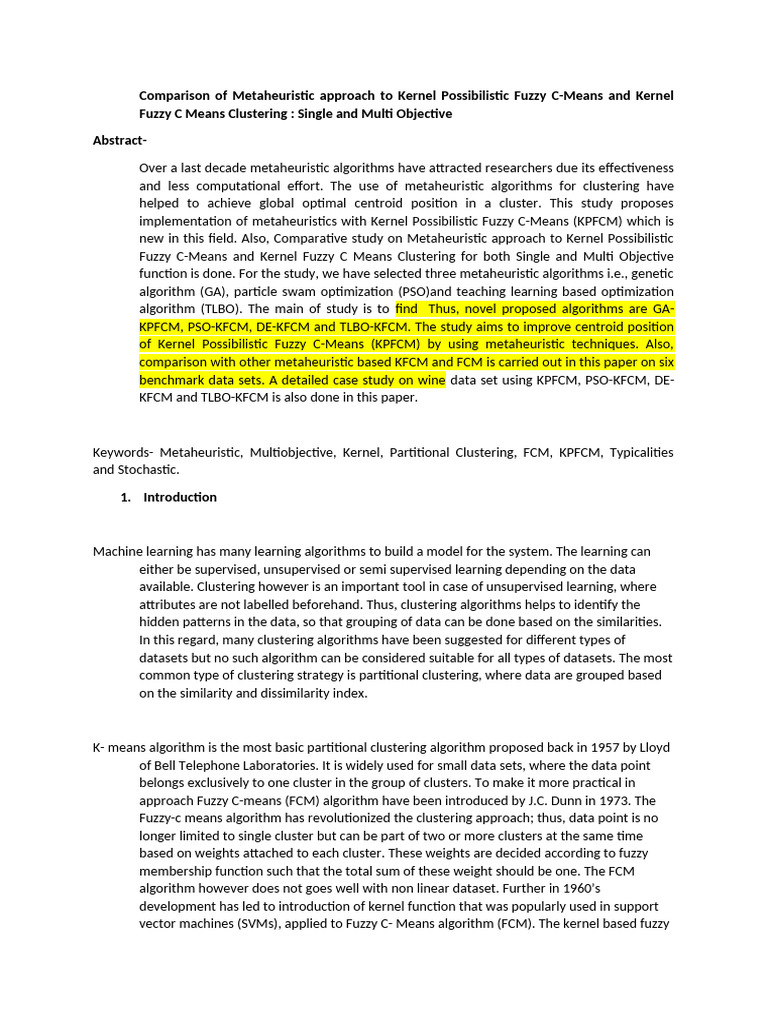 Comparison of Metaheuristic Approach To Kernel Possibilistic Fuzzy C | PDF | Cluster Analysis ...