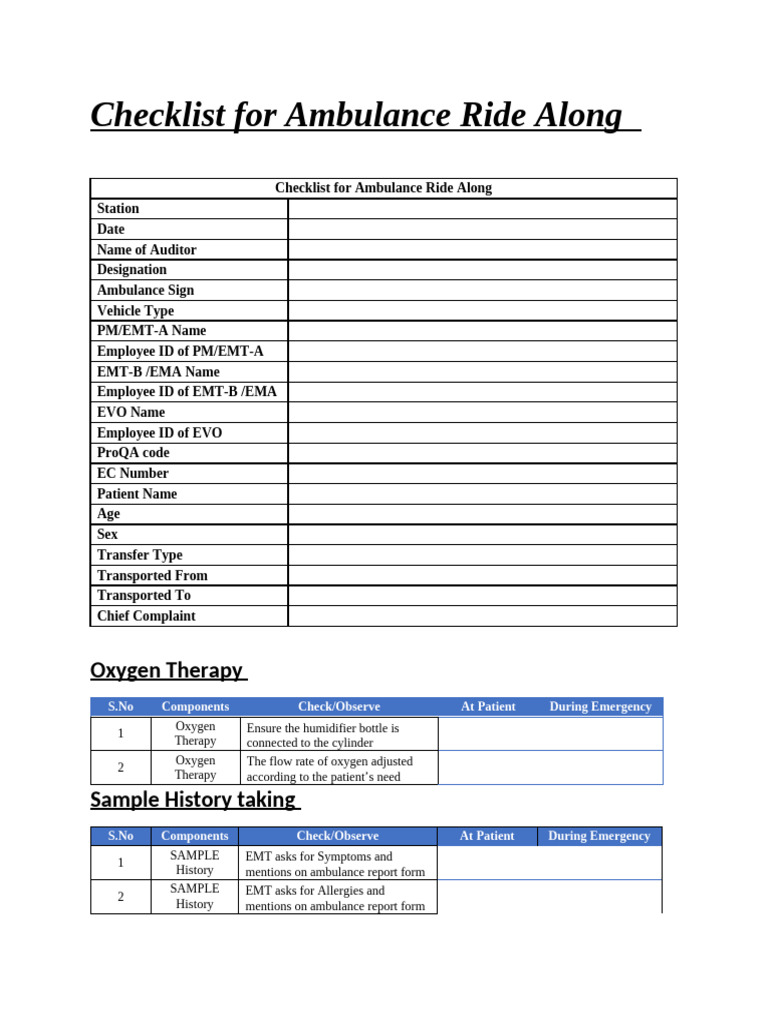 Checklist For Ambulance Ride Along TA | PDF | Blood Pressure | Clinical ...