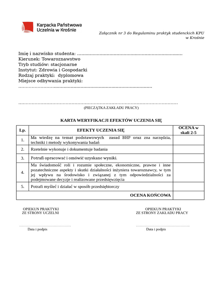 Zal 3.4 Karta Weryfikacji Efektow Uczenia Sie P.D 3 2 | PDF