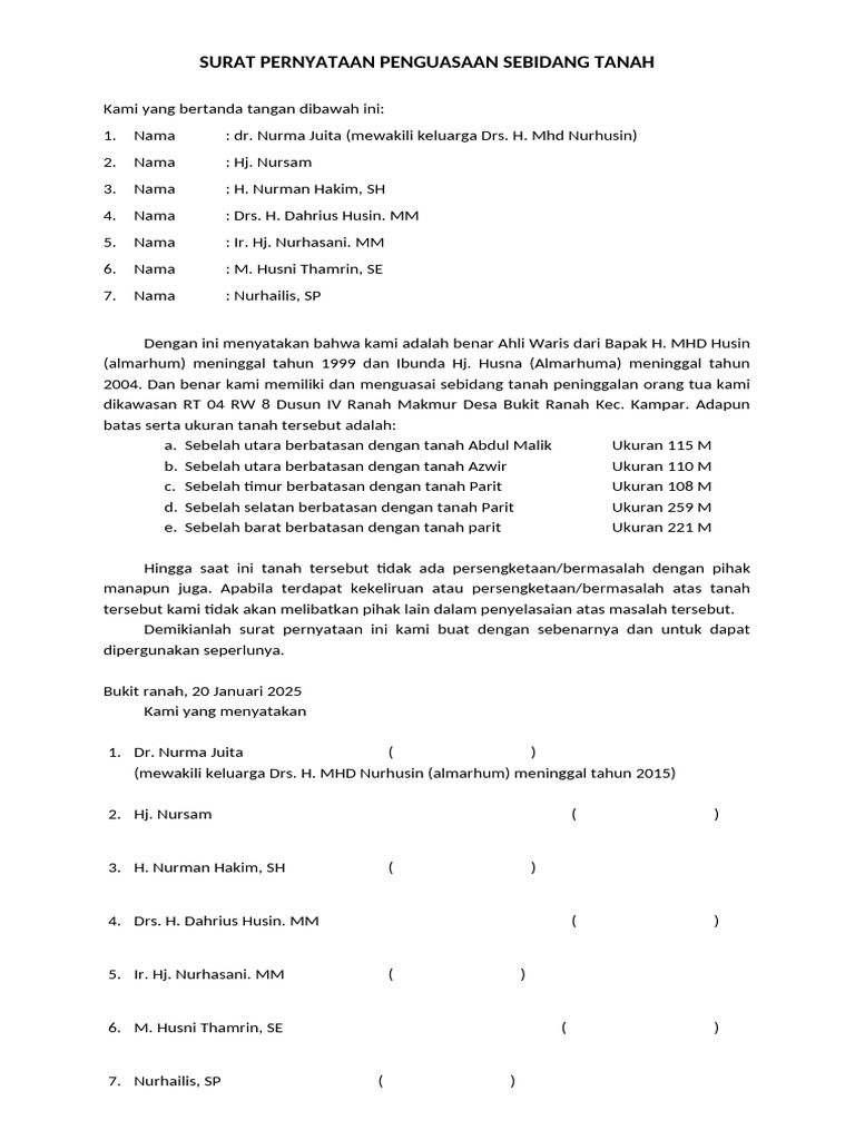 Surat Pernyataan Penguasaan Sebidang Tanah | PDF