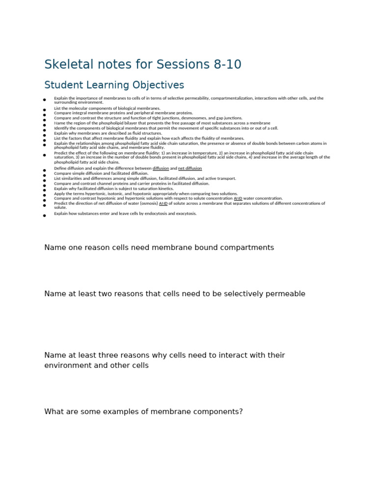 Skeletal Notes and Learning Objectives For Sessions 8-10 | PDF | Cell ...