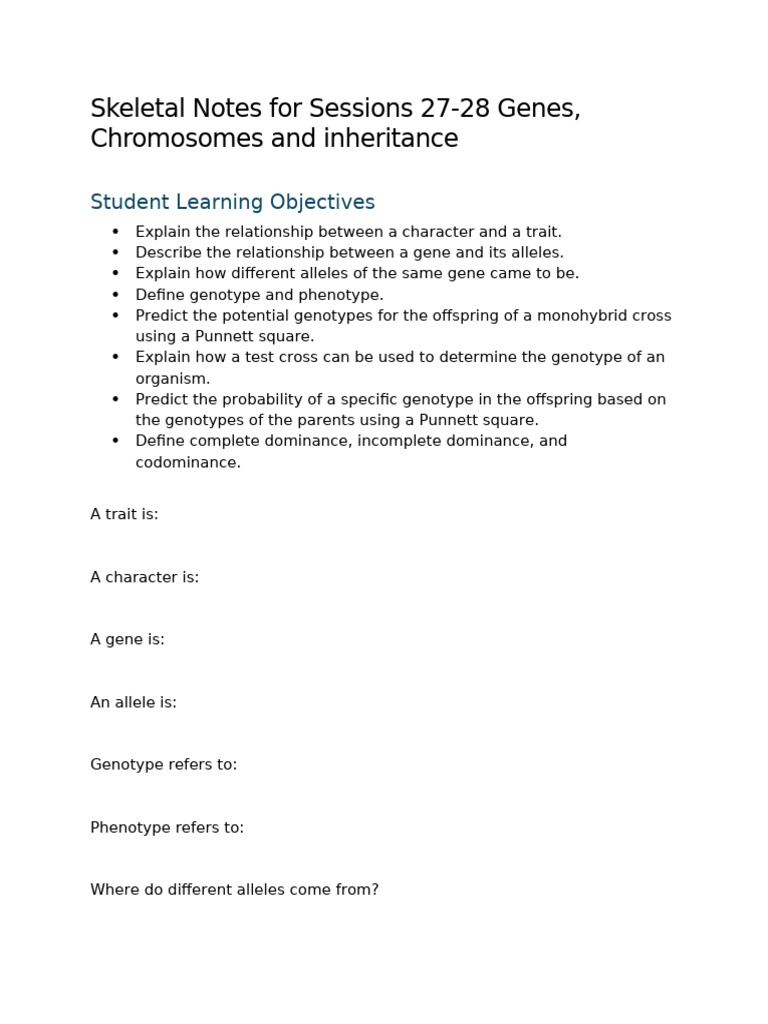 Skeletal Notes For Sessions 27-28 Genes Chromosomes and Inheritance ...