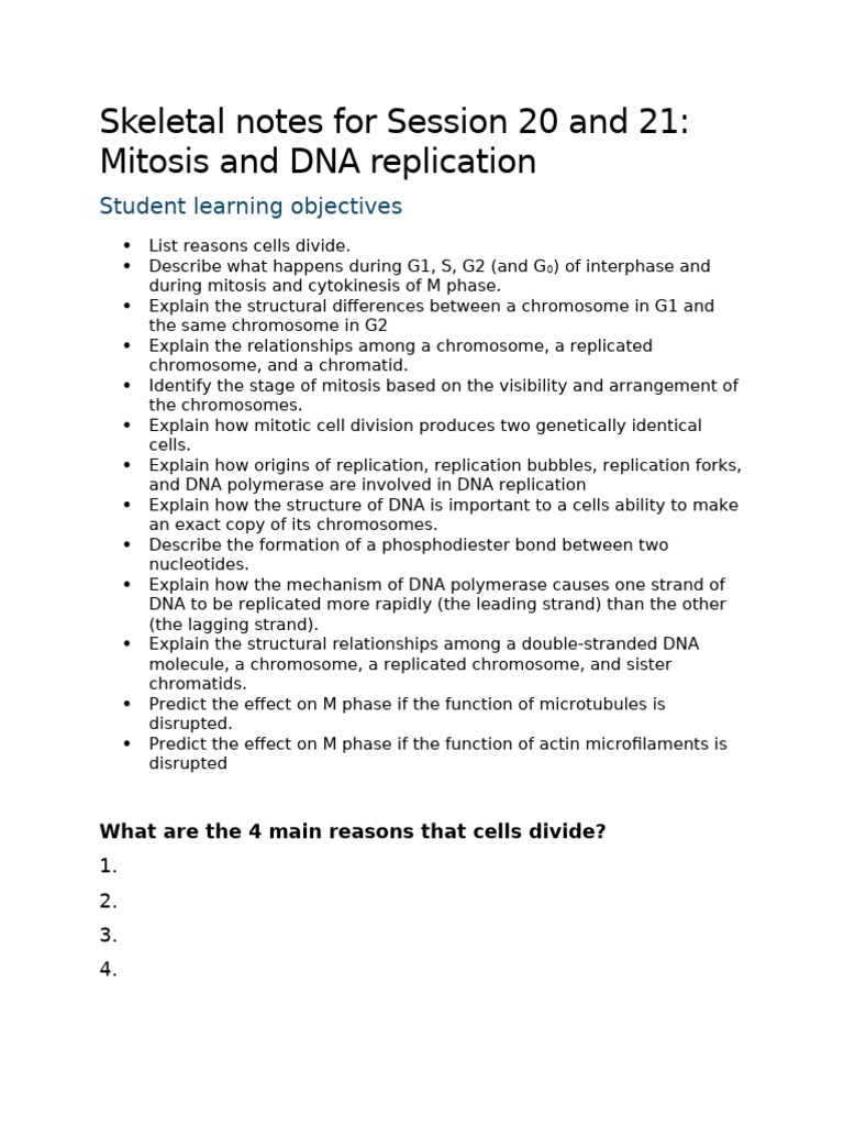 Skeletal Notes For Sessions 20 and 21 Mitosis and DNA Repliation | PDF ...