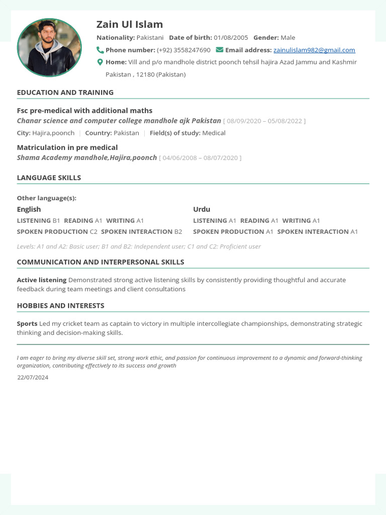 European CV (Zain Ul Islam) | PDF