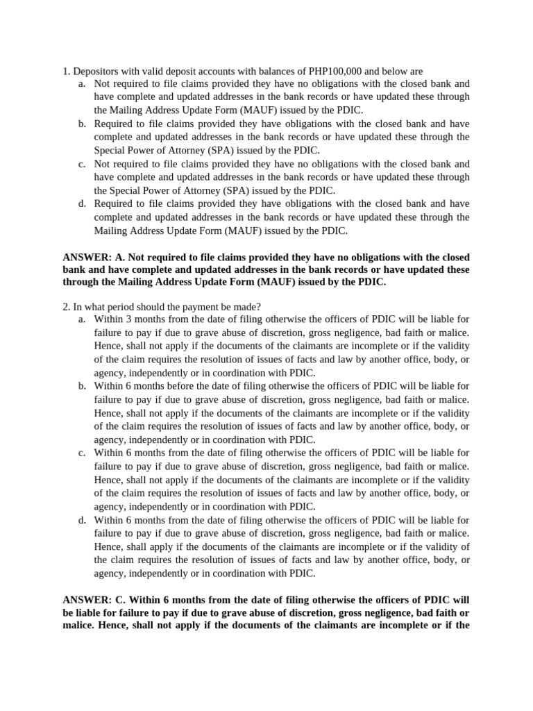 Pdic & Banking Laws-Questions | PDF | Banks | Deposit Account