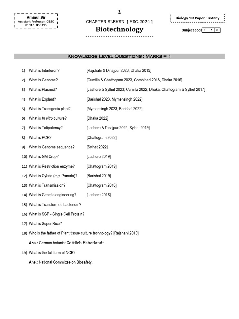 B 11 Biotechnology Question HSC-2024 | PDF | Genetic Engineering ...
