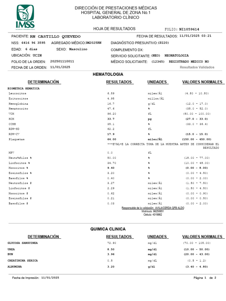Resultados de Laboratorio Neonatal | PDF | Medicina | Especialidades ...
