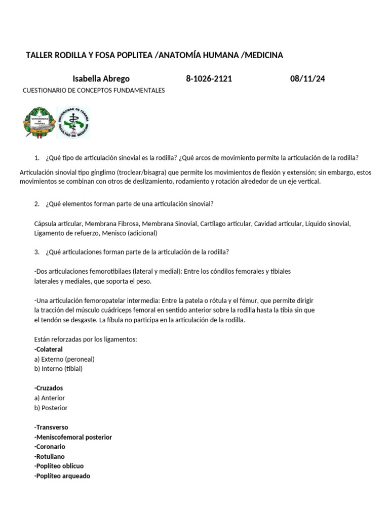 Taller RODILLA Y FOSA POPLITEA Entrega | PDF | Rodilla | Sistema ...